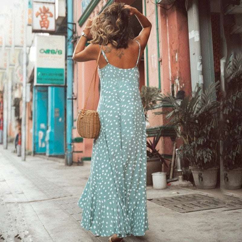 Elegant Polka Dot Boho Midi Summer Sexy V-neck Strap Button A-line Dre ...