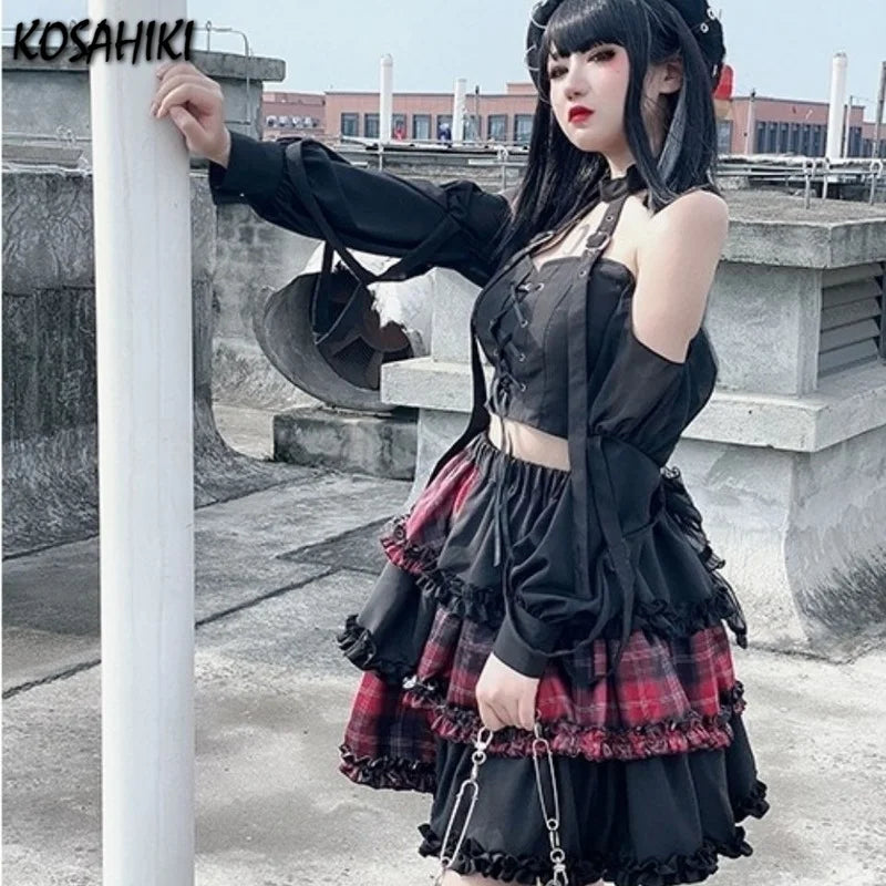 Black Plaid Goth Pleated Skirt Woman Gothic Punk Harajuku EGirl Mini S – wanahavit
