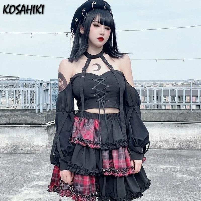 Black Plaid Goth Pleated Skirt Woman Gothic Punk Harajuku EGirl Mini S – wanahavit