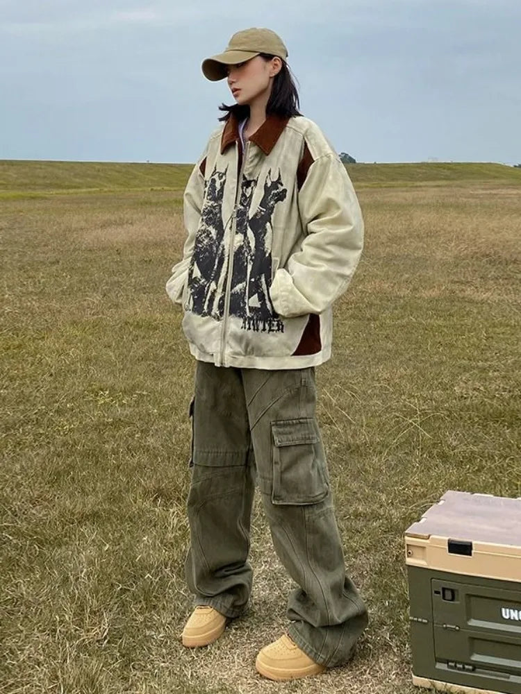 Y2k Aesthetic Cartoon Printing Coat Women Vintage Turn Down Collar Cas ...