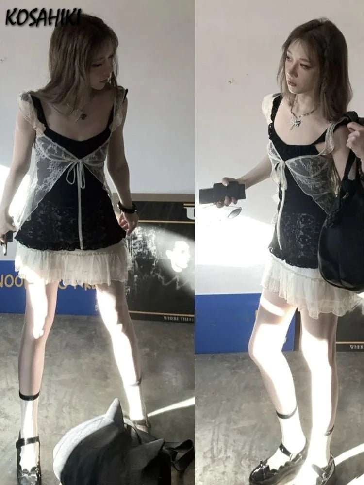 Y2k Aesthetic Lace Jacquard Patchwork Mini Dress + Sun Protection See ...