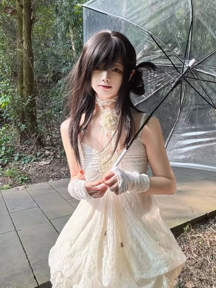 Japanese Sweet Lace Flower Slip Dress 2025 Summer Y2k Aesthetic Bandag ...