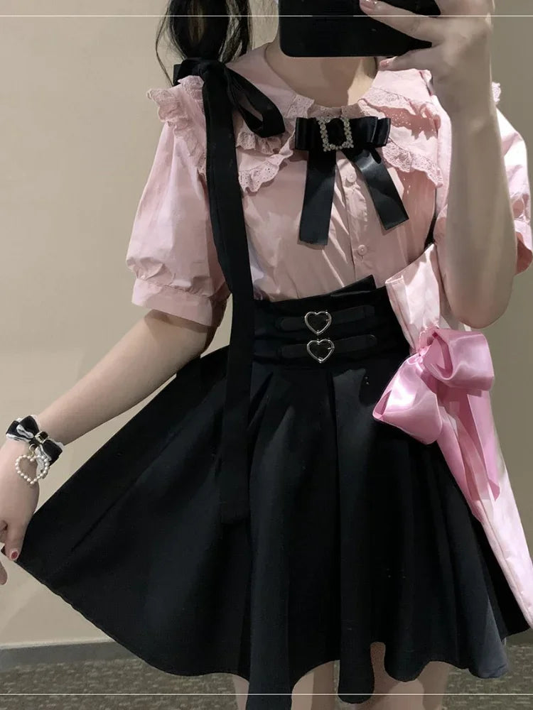 Japanese Lolita High Waist Mini Suspender Skirt Y2k Aesthetic Sweet Wo ...