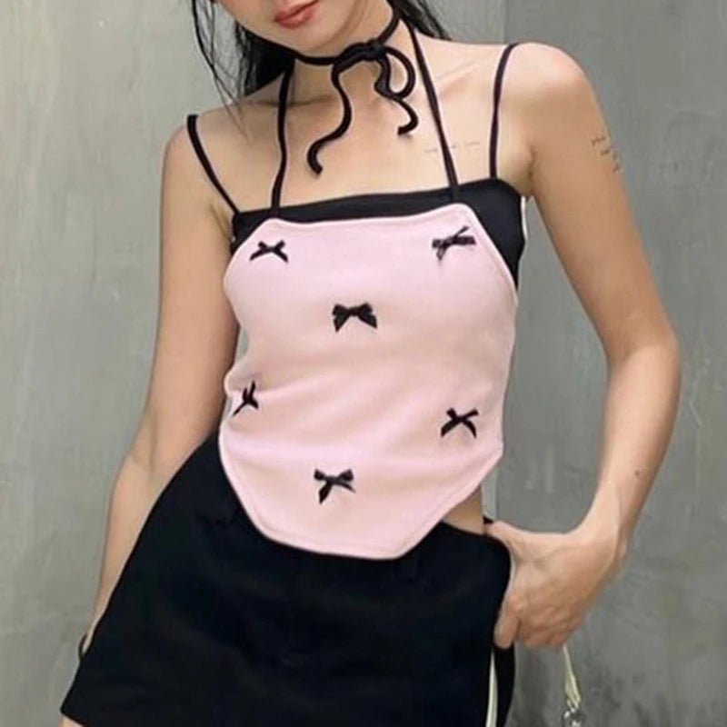 Hotsweet Pink Patchwork Slim Summer Tops Camisole Cropped Bow Cutecore ...