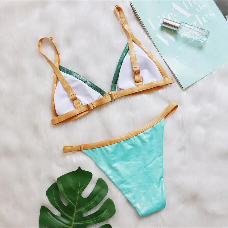 Metal Rivets Shiny Silk Bikini 2024 Sexy Push Up Swimwear Women Brazil ...