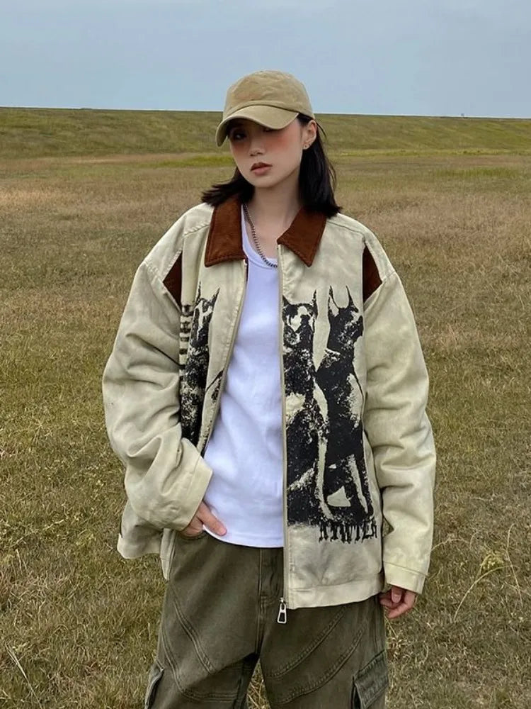 Y2k Aesthetic Cartoon Printing Coat Women Vintage Turn Down Collar Cas ...