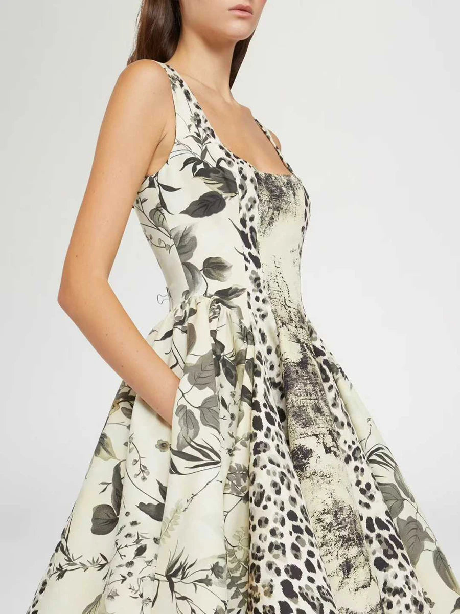 Slimming Printing Spliced Leopard Fashion Dresses for Women Square Nec ...