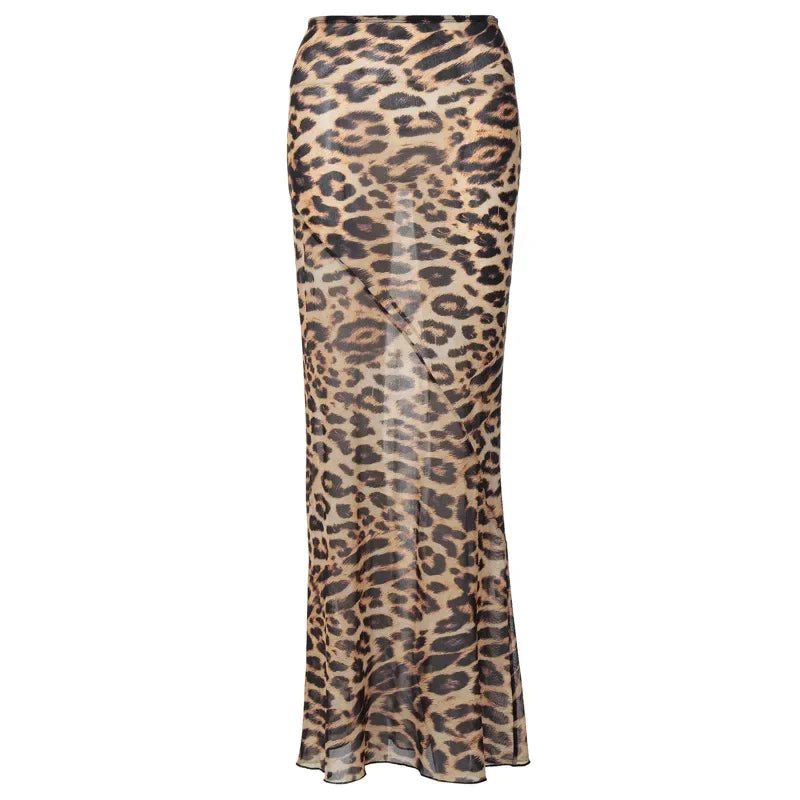 Summer Long Skirt Leopard Print Chiffon Transparent Fishtail Maxi Skir ...