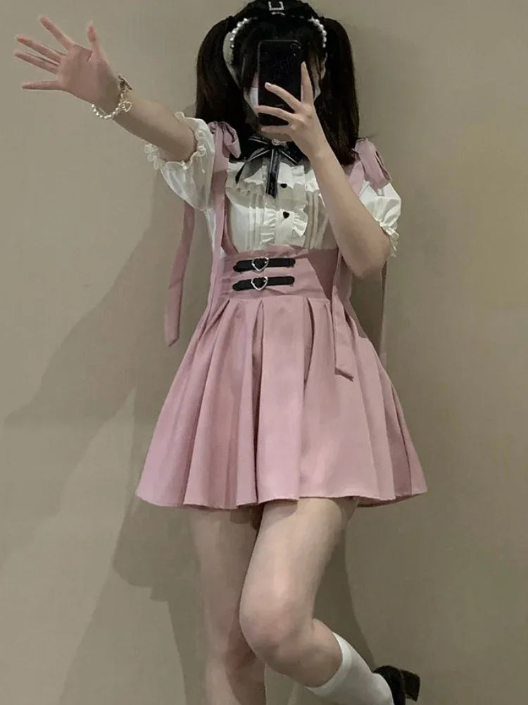 Japanese Lolita High Waist Mini Suspender Skirt Y2k Aesthetic Sweet Wo ...