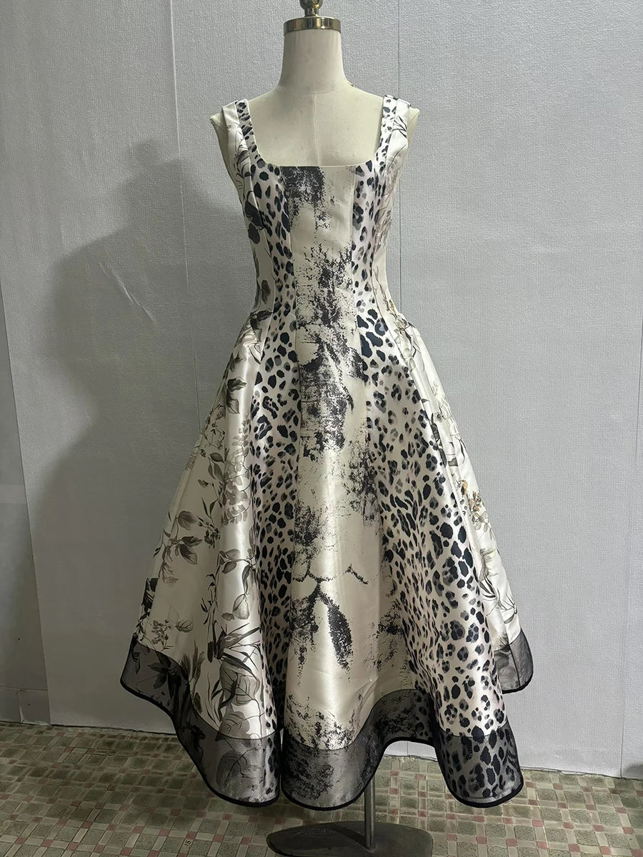 Slimming Printing Spliced Leopard Fashion Dresses for Women Square Nec ...