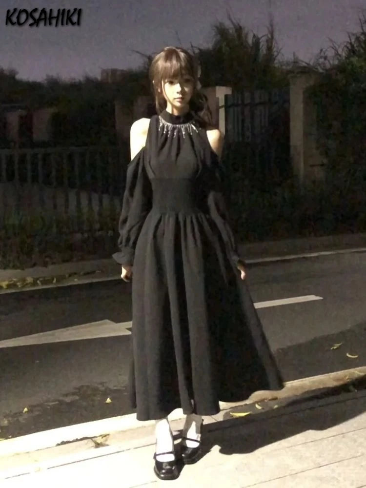 Japanese Off-the-shoulder Black Dresses Y2k Aesthetic Diamond Vintage ...