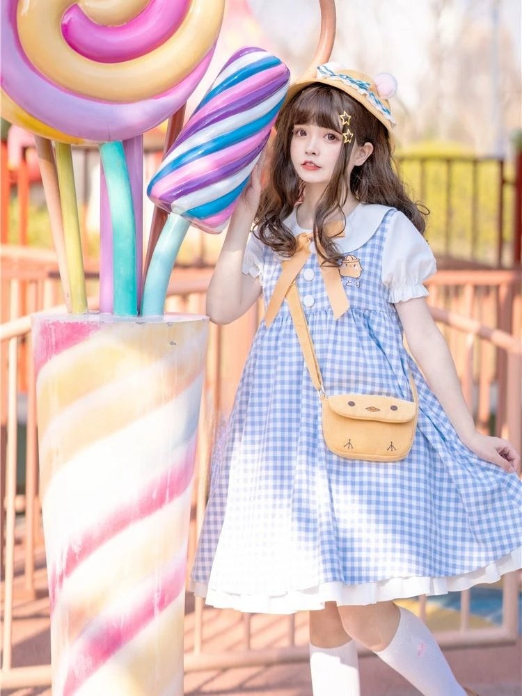 Japanese Sweet Bow Woman Dresses Summer Robe Femme Peter Pan Collar Pl ...