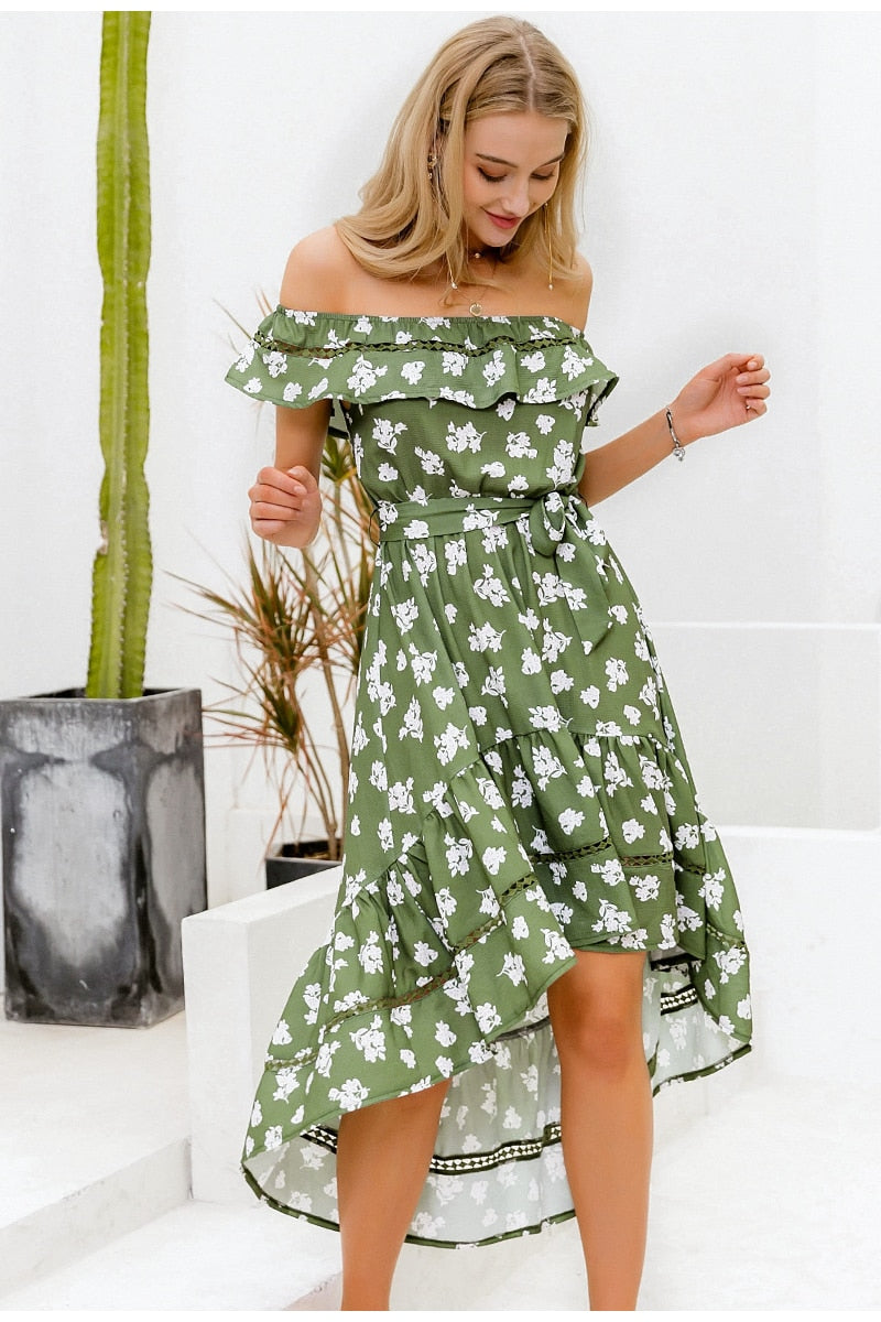 Off Shoulder Holiday Beach Sash Floral Print Spring Summer High Waist ...