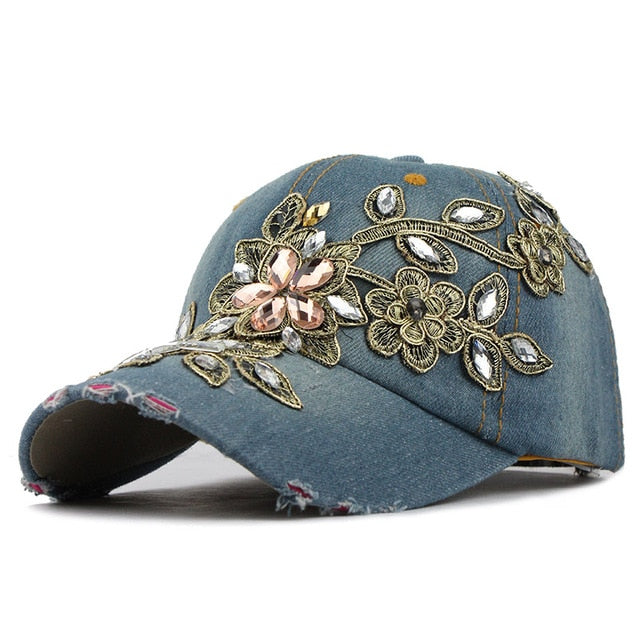 Flower Rhinestone Denim Baseball Cap – wanahavit
