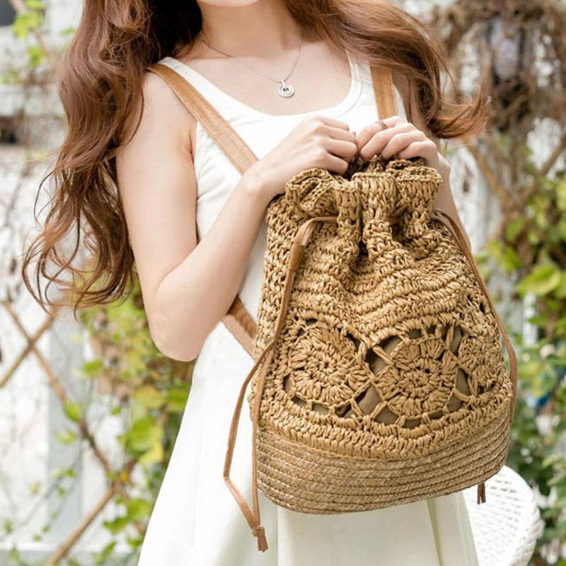 Bohemian Straw Drawstring Backpack for women - wanahavit