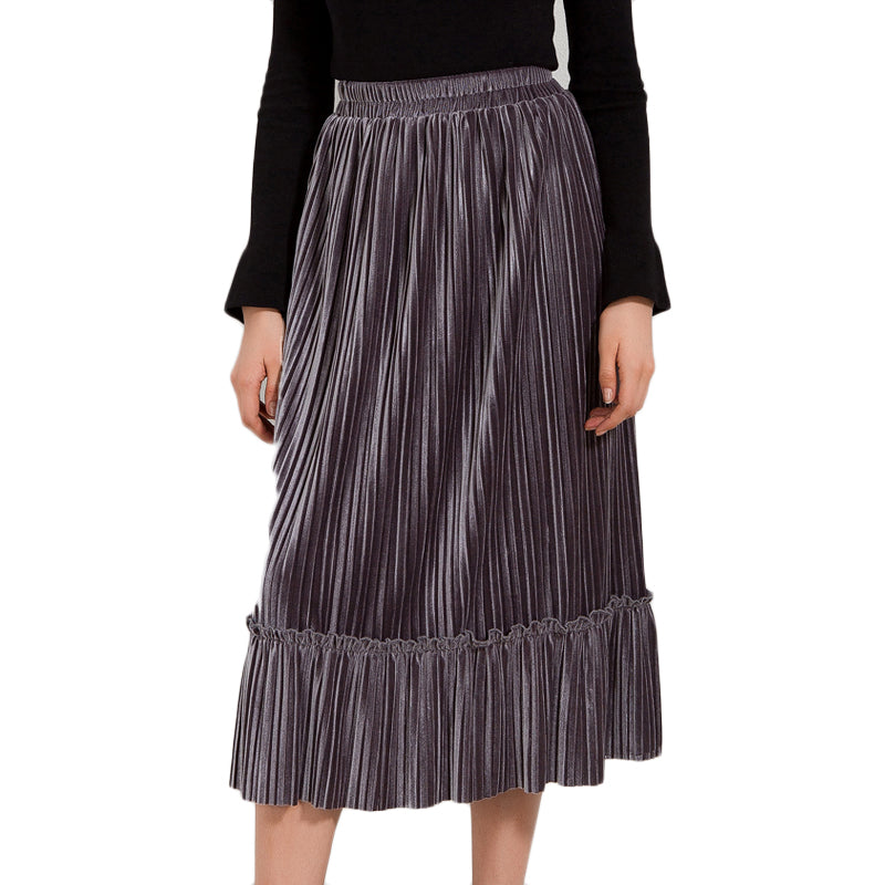Ruffle Velvet Spring Pleated Long Skirt for women - wanahavit