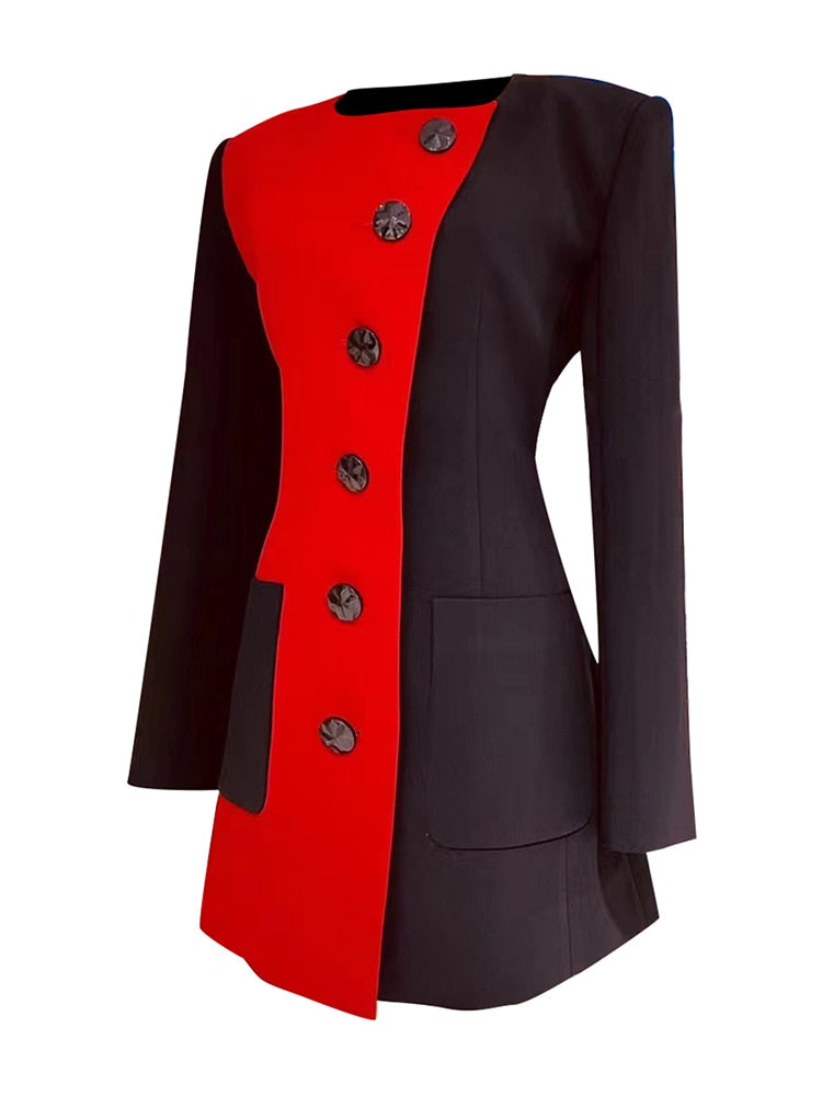 Hit Color Jackets For Women Round Neck Long Sleeve Patchwork Single Br ...