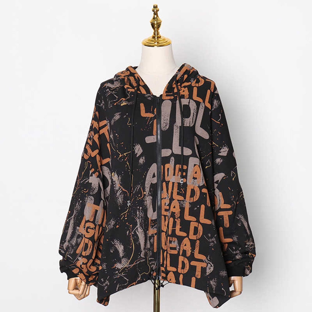 Streetwear Print Colorblock Jacket For Women Hooded Collar Long Sleeve ...