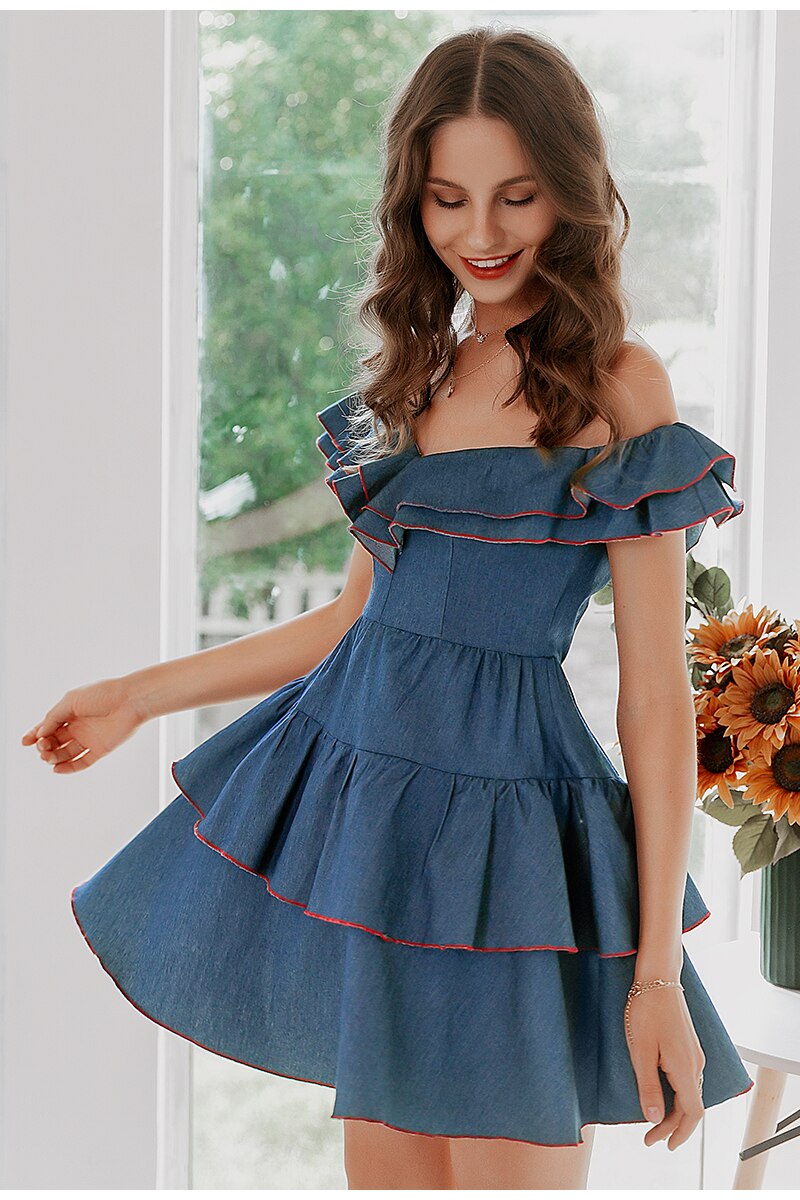 Sexy Off Shoulder Denim Solid Ruffle Bodycon A-line Short Sundress Par ...