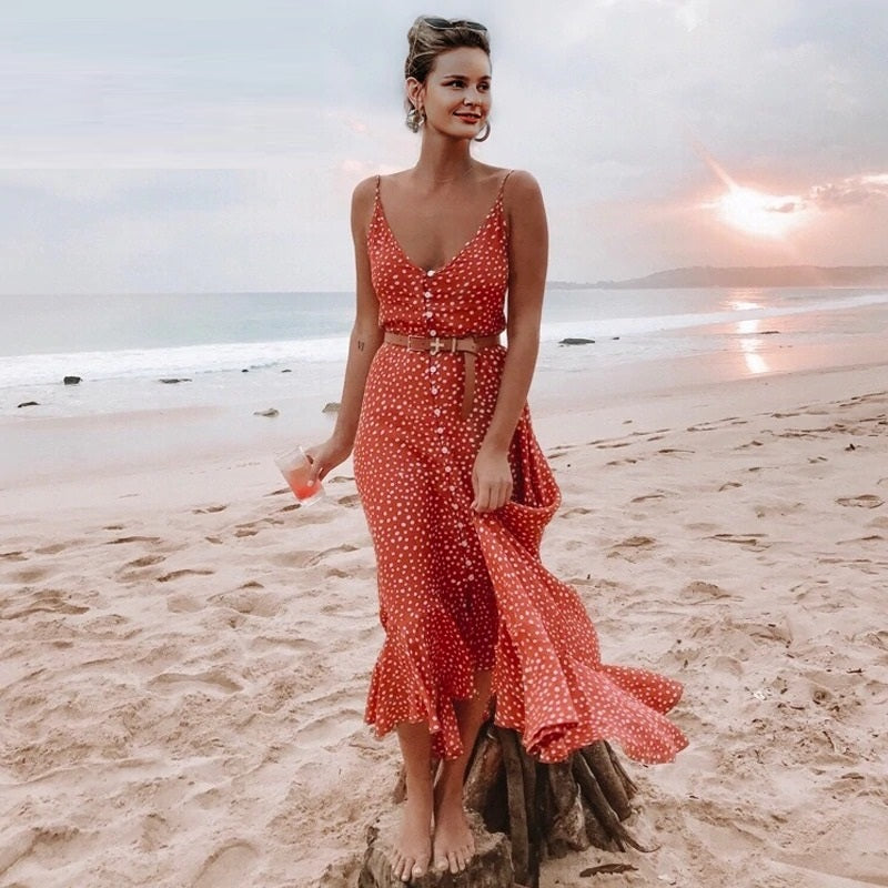 Elegant Polka Dot Boho Midi Summer Sexy V-neck Strap Button A-line Dre ...