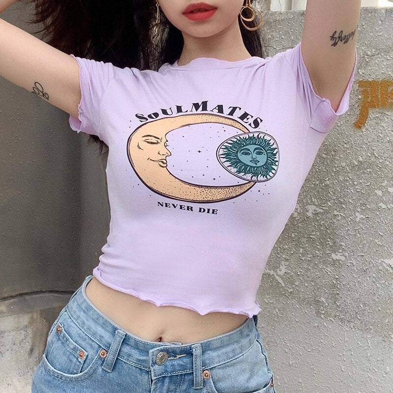 Moon And Sun Printed Cute Summer Crop Tops Short Sleeve O Neck Tees ...