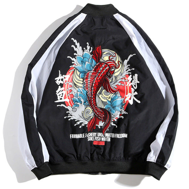Fish Patchwork Embroidery Printed Windbreaker Jacket for unisex - wanahavit